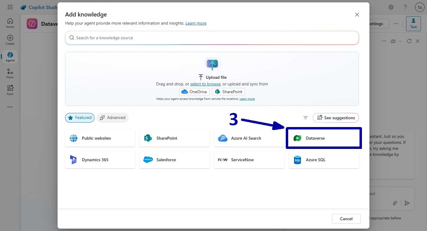 In the pop-up window, select the Dataverse option (3).