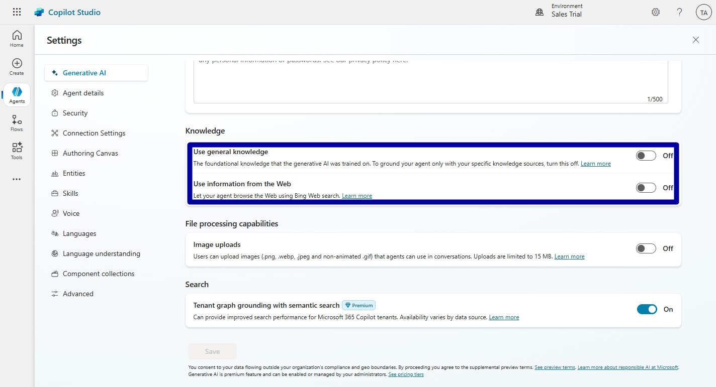 Now, open your agent, go to the Knowledge tab (1), and click on the “+ Add knowledge” button (2).